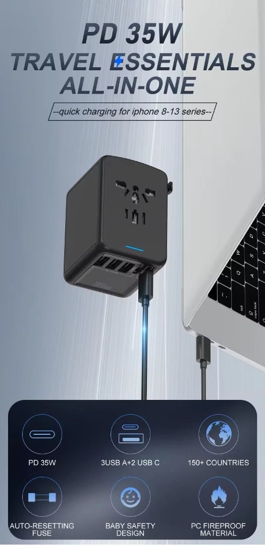 4 USB 和 Type-C + 35W PD 智慧型 USB 充電器電源插頭插座帶 LED 訊號便攜式通用旅行適配器 psbckp 4 USB and Type-C + 35W PD ...