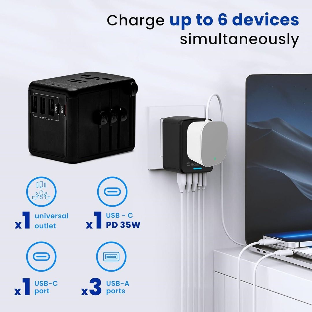 4 USB 和 Type-C + 35W PD 智慧型 USB 充電器電源插頭插座帶 LED 訊號便攜式通用旅行適配器 psbckp 4 USB and Type-C + 35W PD ...