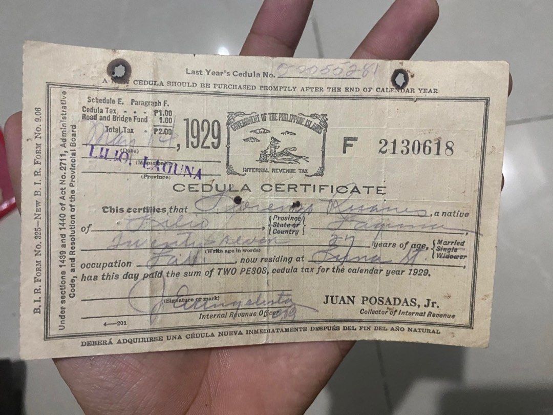 Antique 1920s Philippine Islands Cedula, Hobbies & Toys, Memorabilia & Collectibles, Vintage ...