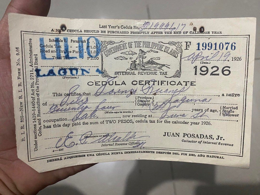 Antique 1920s Philippine Islands Cedula, Hobbies & Toys, Memorabilia ...