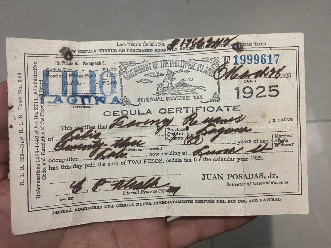 Antique 1920s Philippine Islands Cedula, Hobbies & Toys, Memorabilia ...