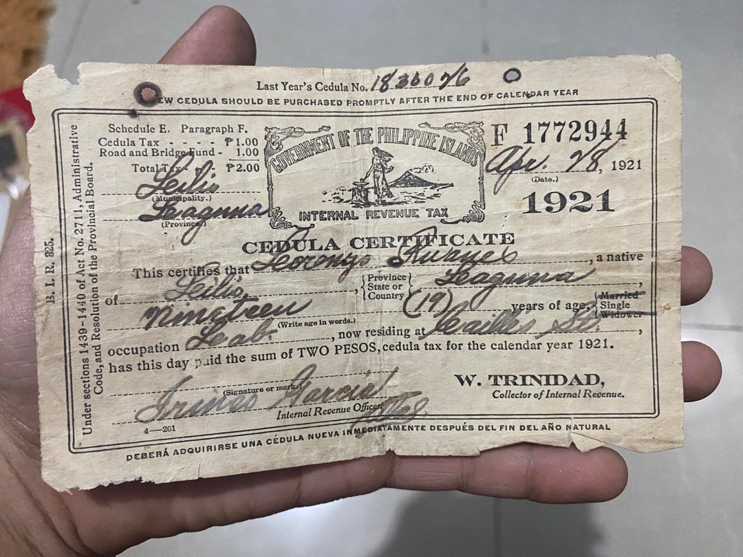 Antique 1920s Philippine Islands Cedula, Hobbies & Toys, Memorabilia ...