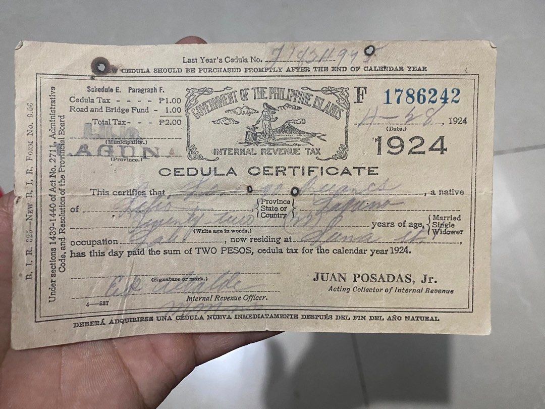 Antique 1920s Philippine Islands Cedula, Hobbies & Toys, Memorabilia ...