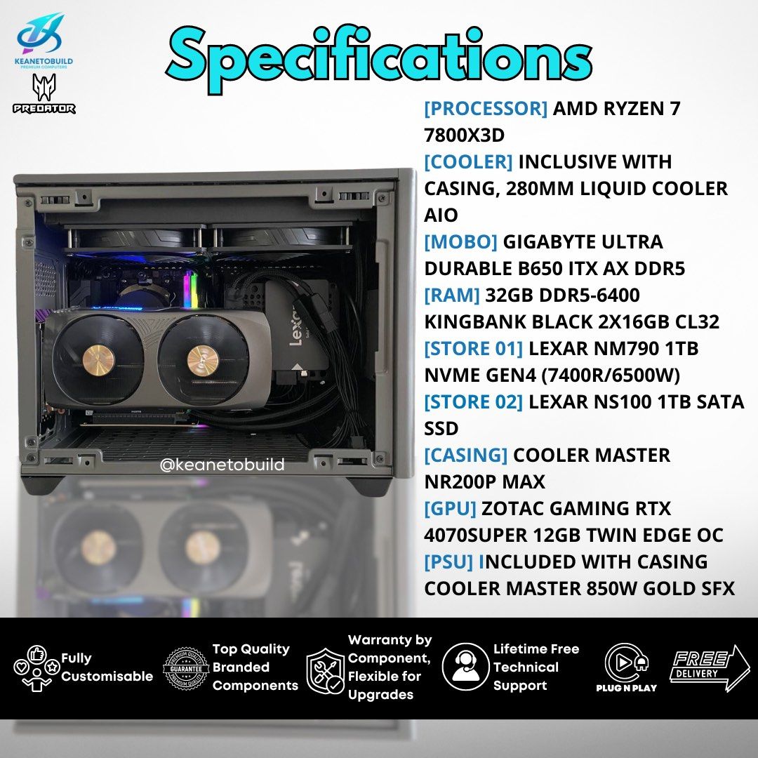 Custom Gaming PC Desktop Computer Ryzen 7 7800X3D + RTX 4070 Super 4070S 12GB, Computers & Tech ...