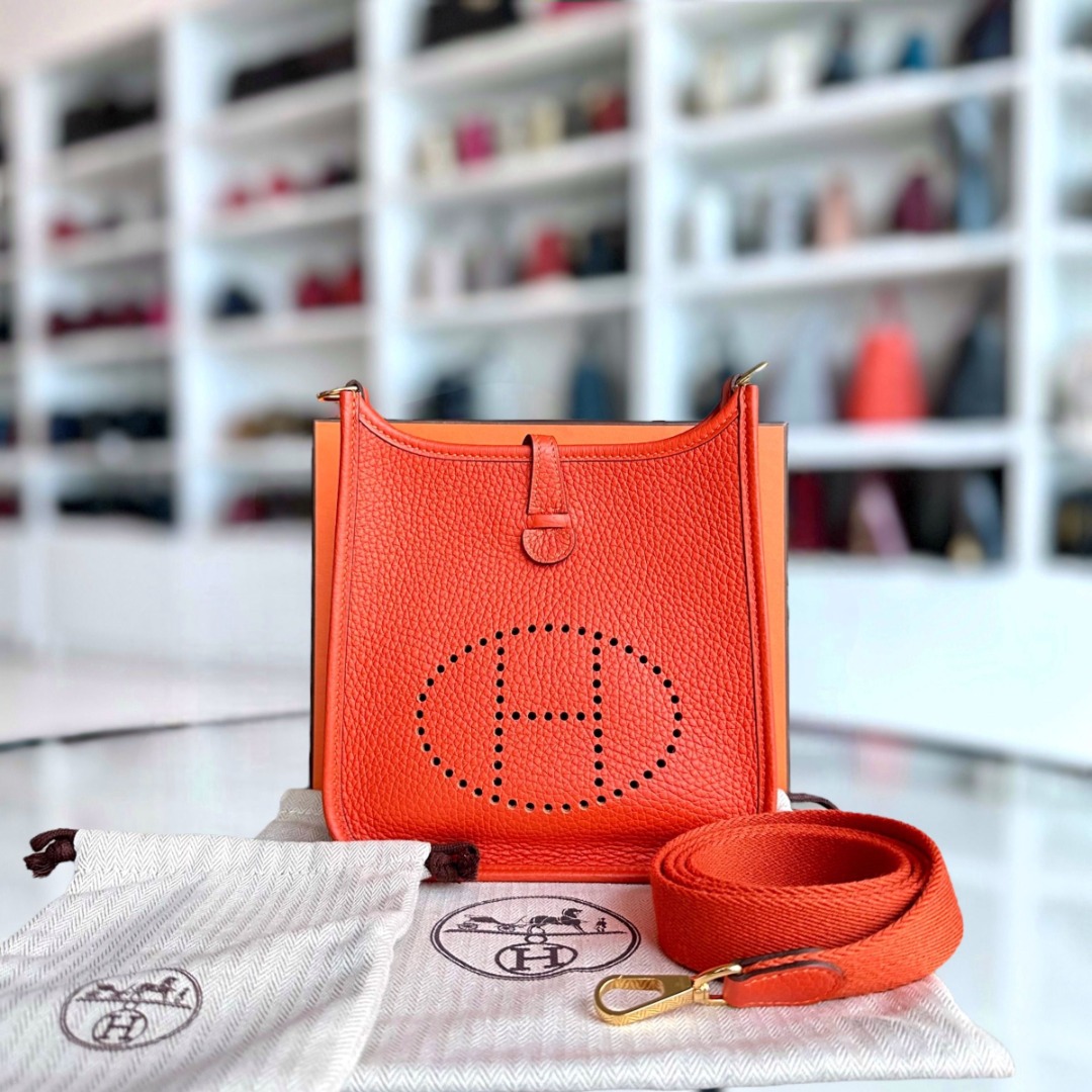 Hermes Mini Evelyn 16 Taurillon Clemence Stamp U Orange GHW, Luxury ...