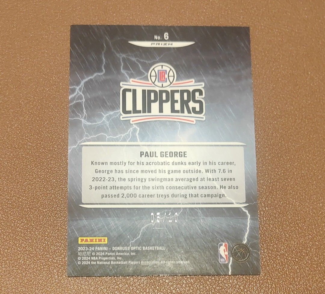 Paul George Gold /10 Raining 3's 2023-24 Donruss Optic Insert NBA ...
