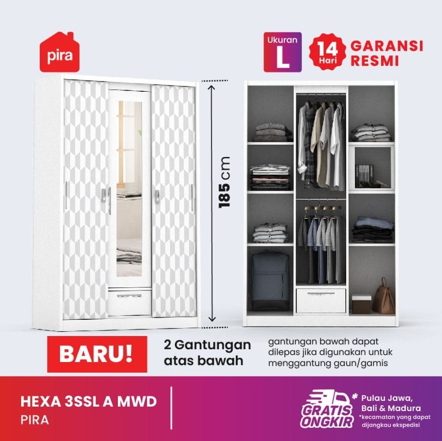 PIRA METROPOLIS - HEXA 3A SSL MWD Lemari Pakaian Besi 3 Pintu Sliding / Pintu Geser, Perabotan ...