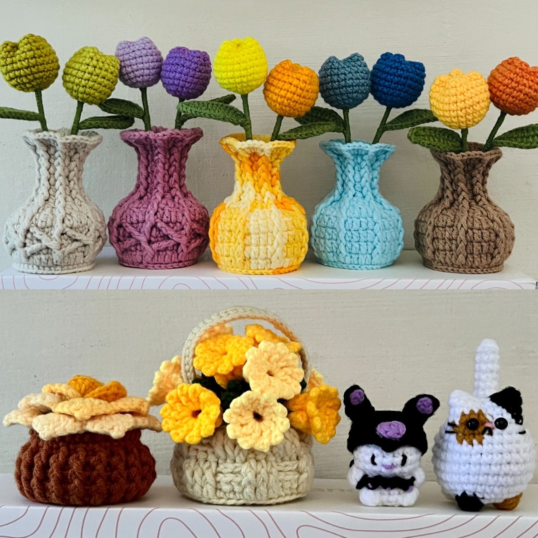crochet kuromi, cat keychain, flower coaster and basket, tulips flowers ...