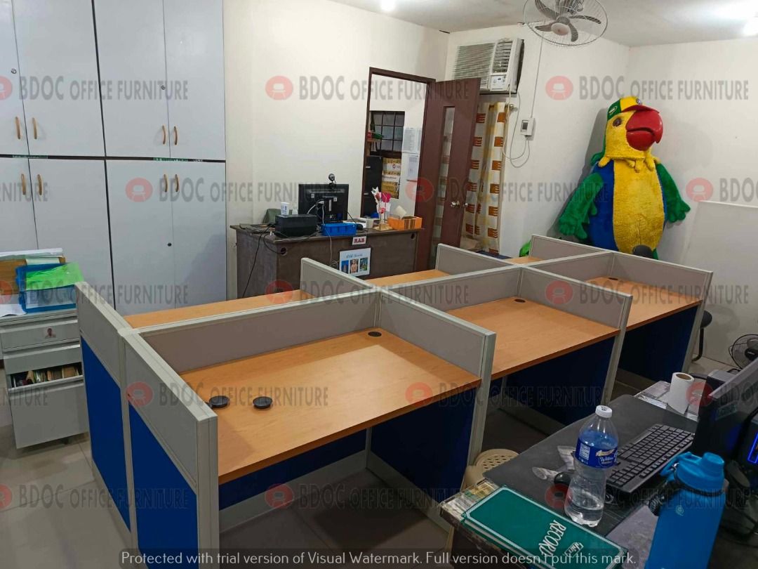 office partition with blue and light gray fabric with laminated wood ...