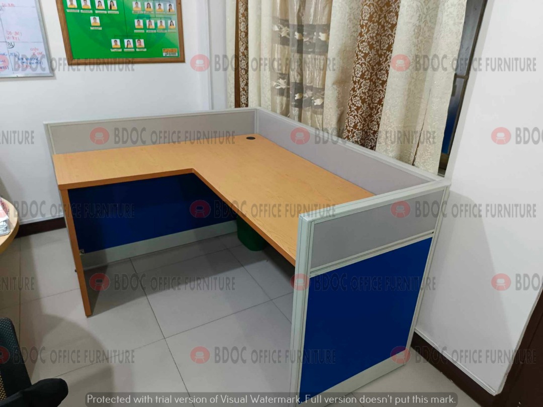 office partition with blue and light gray fabric with laminated wood ...