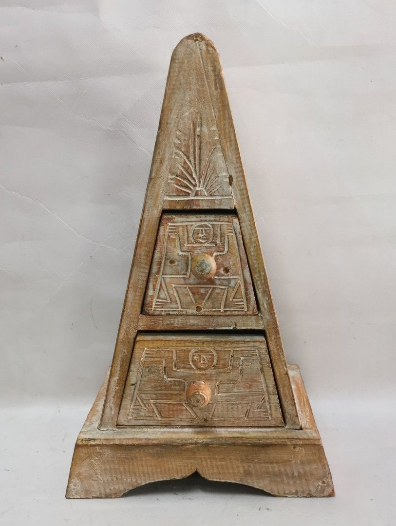 Aztec Style Pyramid Wood Box With 2 Drawers -Triangular Trinket Box ...