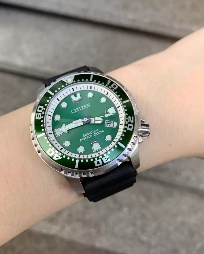 Citizen Promaster Diver Watch BN0158-18X Eco-Drive Green Dial Black Rubber, Men's Fashion ...