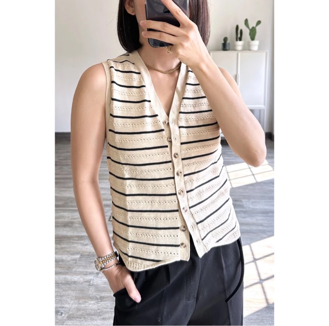 [NEW] Sissae - Caydon Vest Knit Stripe Top, Fesyen Wanita, Pakaian ...