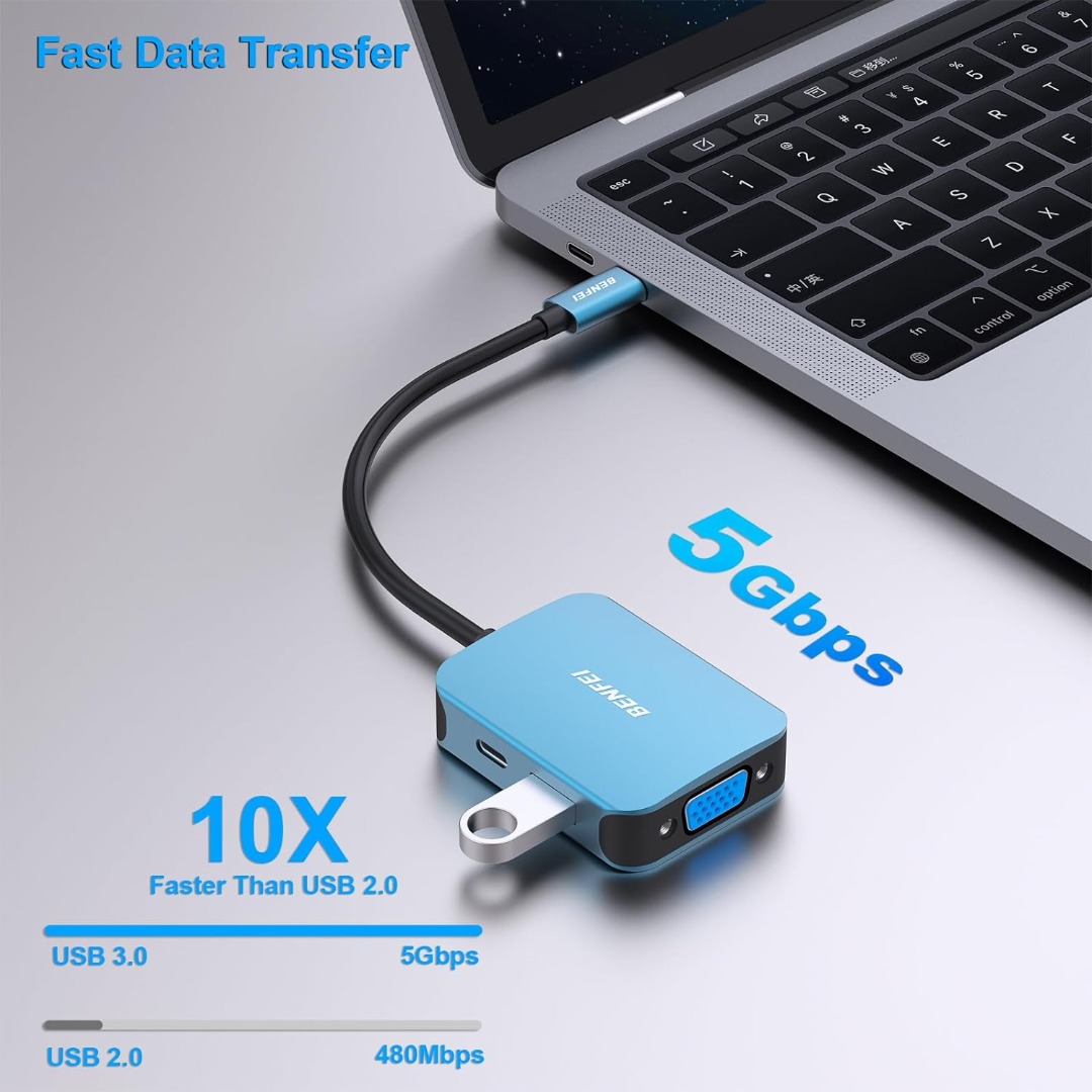 BENFEI USB C HUB 4 合 1 多埠轉接器附 USB C 轉 HDMI VGA USB 3.0 和 60W PD 相容於最新 iPhone 和 MacBook rttckp ...