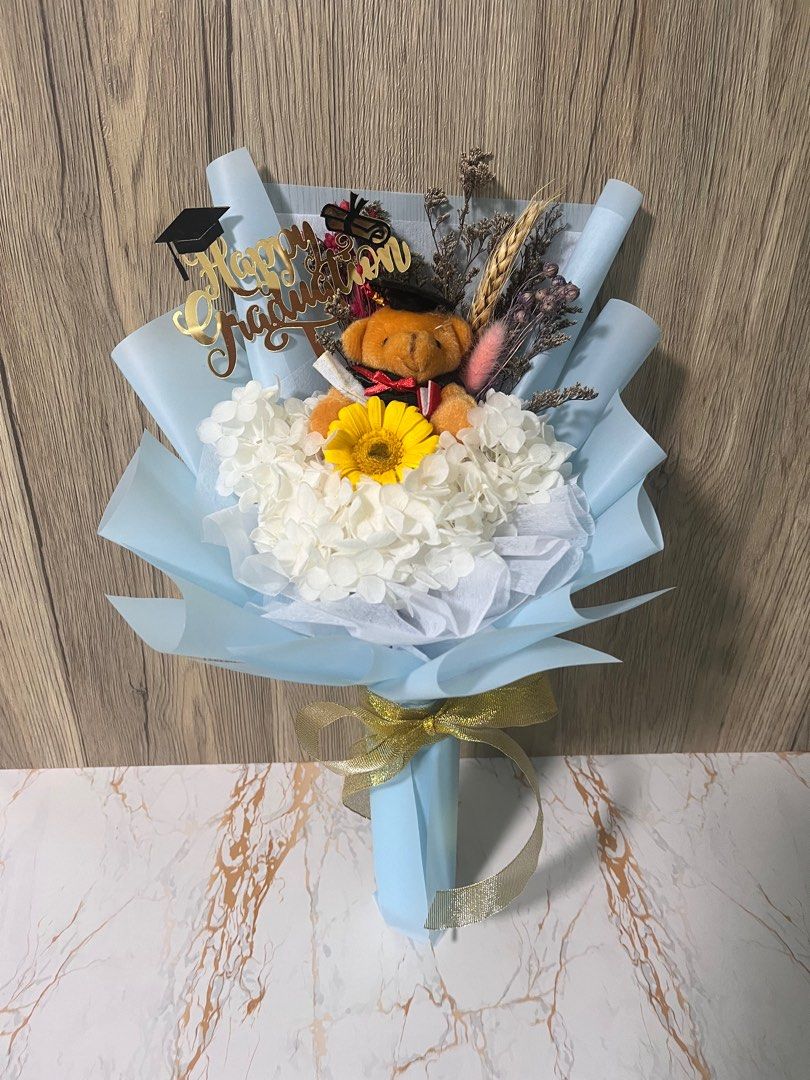 Customizable Graduation Bear Bouquet with Preserved Daisy, hydrangeas ...