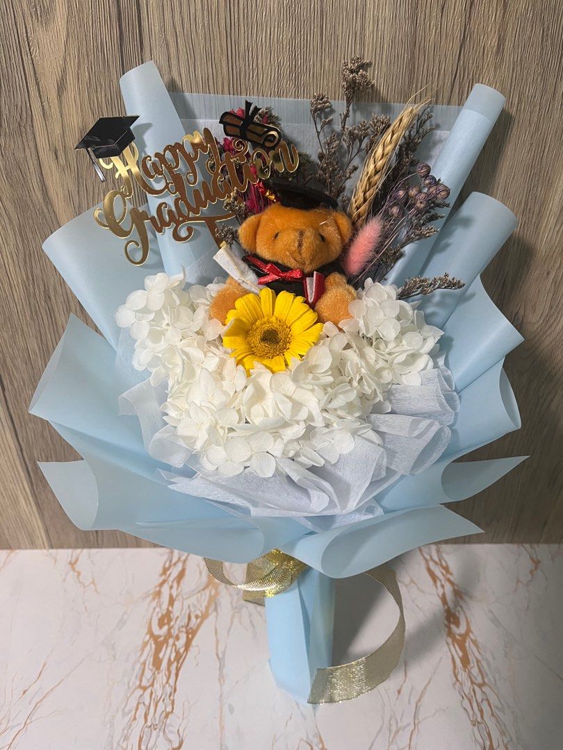Customizable Graduation Bear Bouquet with Preserved Daisy, hydrangeas ...