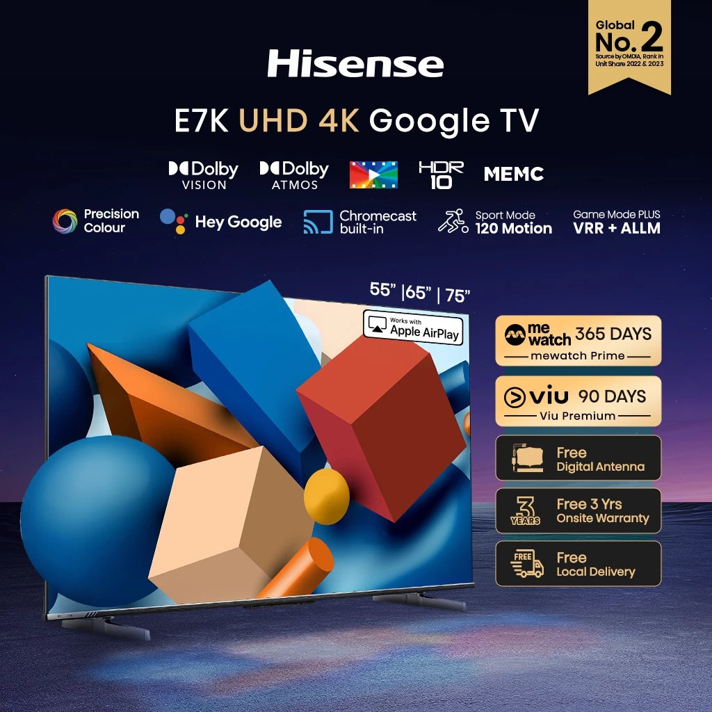 Hisense E7K 4K UHD Google TV 43 55 65 75 inch | Dolby Vision + Atmos ...