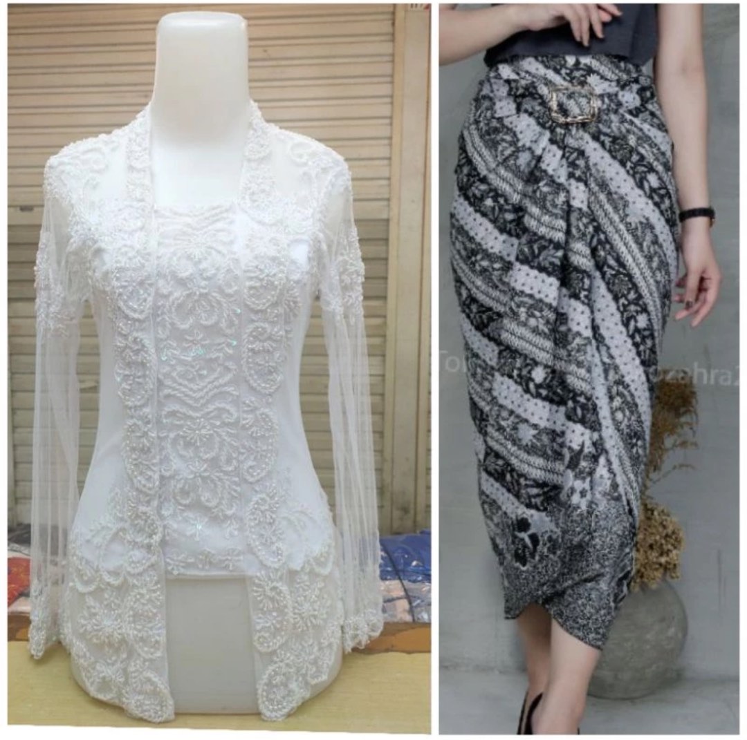Kebaya Nyonya Manik Payet Putih + Inner + Kain Pario + Belt, Women's ...