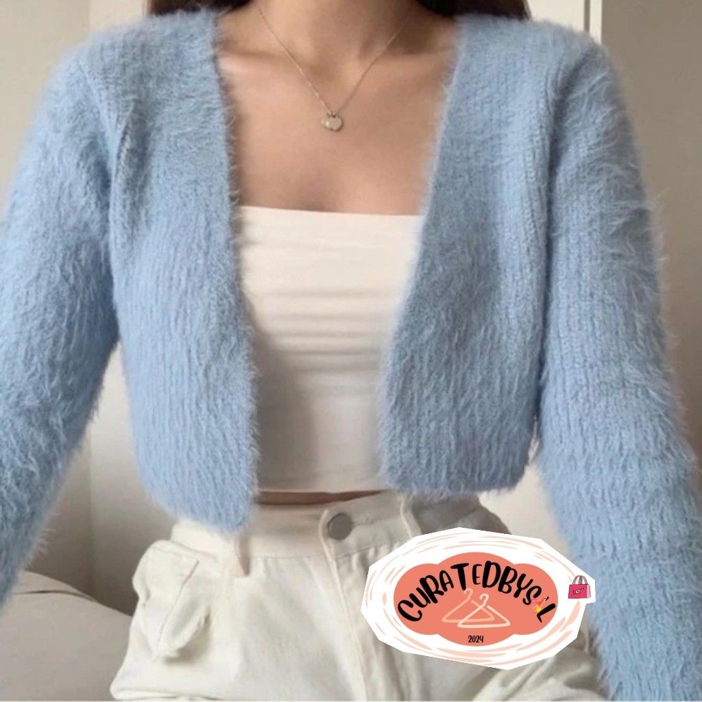 BLUE grey FLUFFY cropped cheapest cardigan
