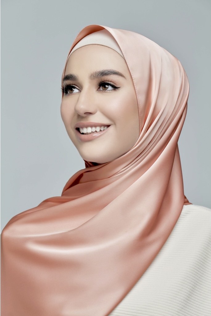 TS Habibti Thalia Satin Shawl in Peach Sakura, Women's Fashion, Muslimah Fashion, Hijabs on ...