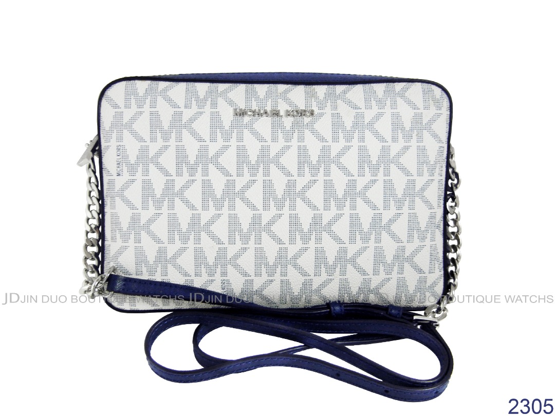 金鐸精品~2305 MICHAEL KORS MK LOGO字紋 白藍色PVC 側肩背方包 全新品, 名牌精品, 精品包與皮夾在旋轉拍賣