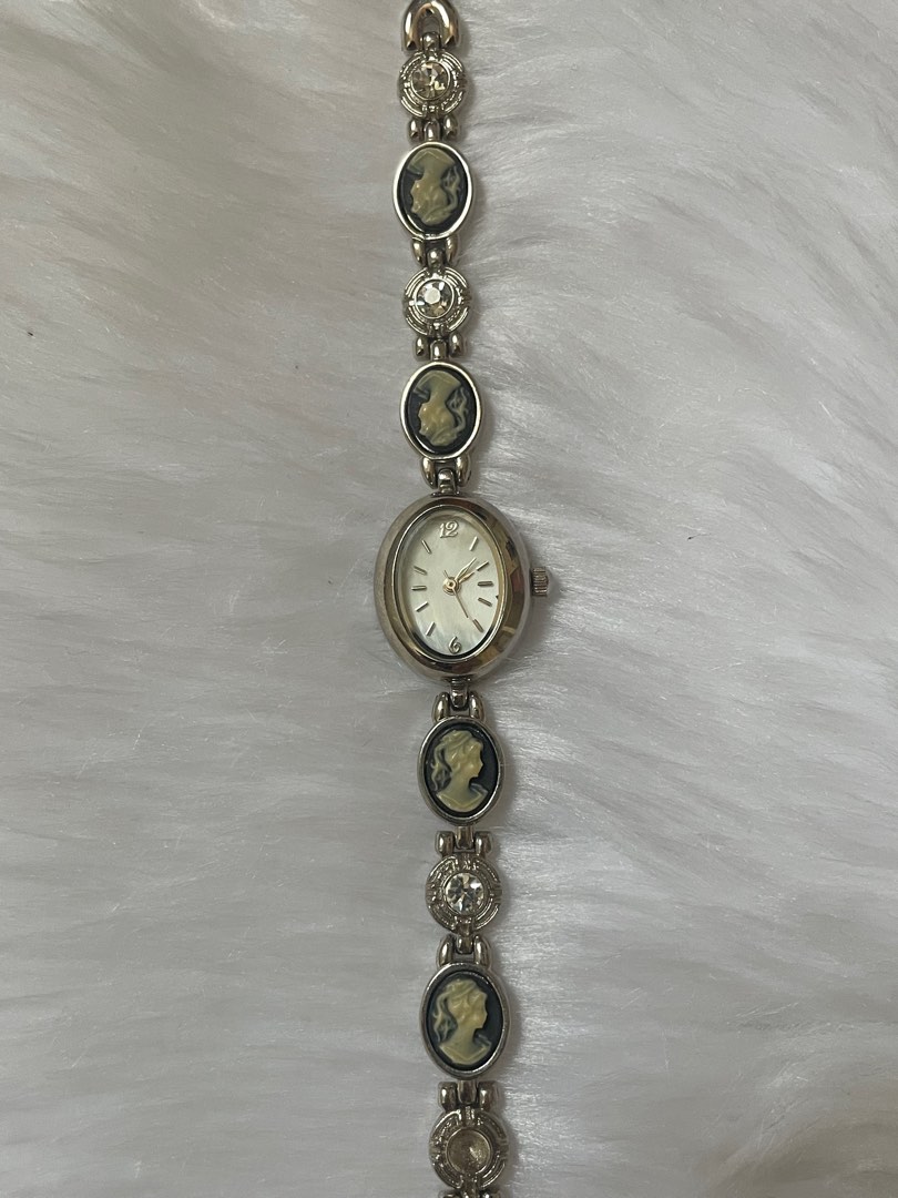 Rare Silver Tone Watch with Black Cameo Inlay Band Christian Benet ...