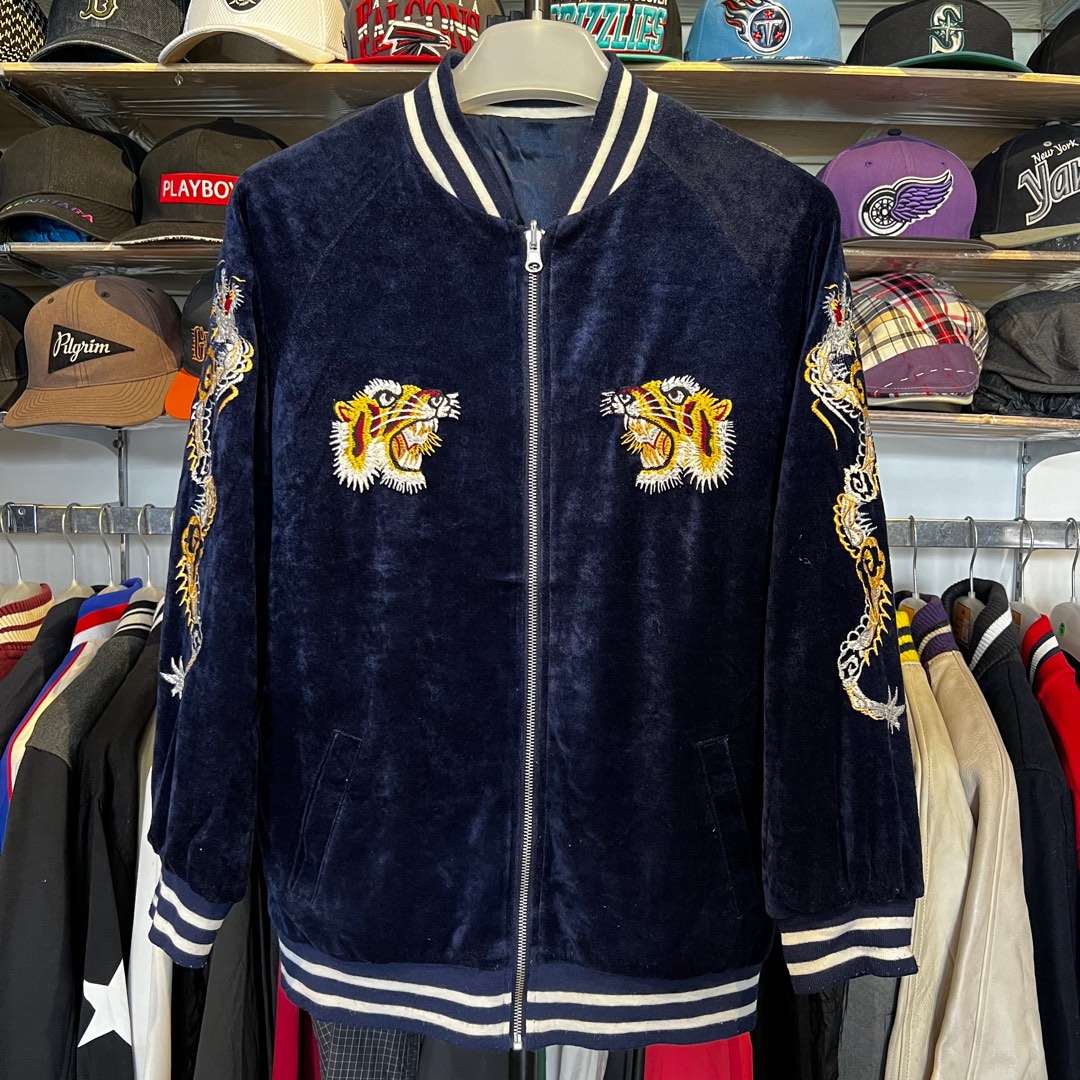 21”/27” Double Tiger Blue Velvet Sukajan Reversible Jacket, Men's ...