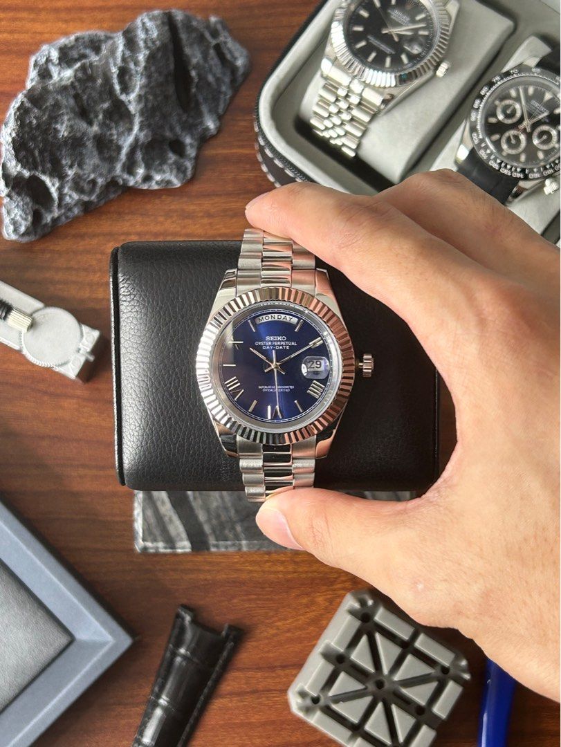 [Mod] Seiko Day Date Rolex Mod in Blue Roman Dial 39mm Casing, Men's ...