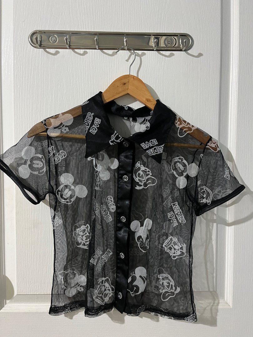 Black Mesh See Through Button Down Polo Bikini Cover Up Top | mickey ...