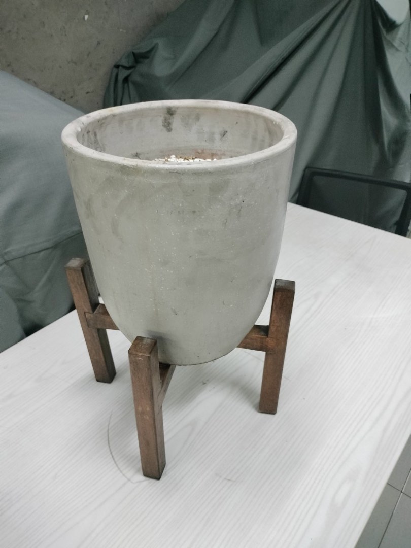 Cement Pot with Wooden Stand and Cement Plate, Furniture & Home Living ...