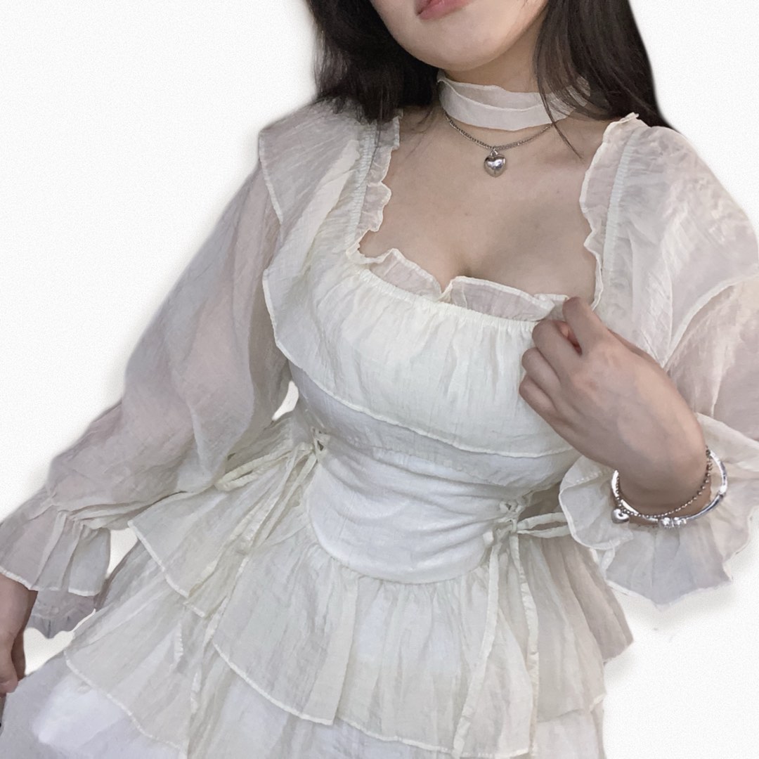 Fairycore Beige Ruffled Laced up Doll Cake Dress (Coquette, Dollete ...