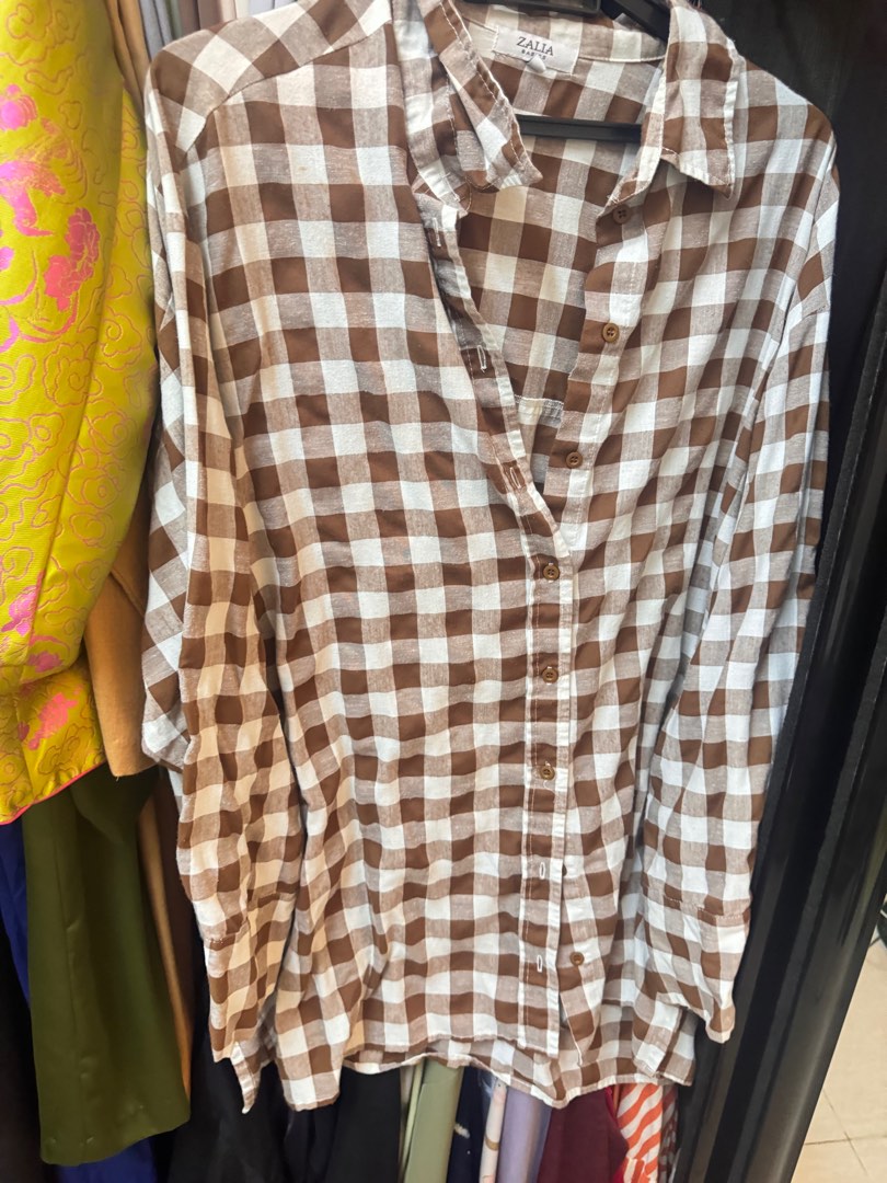 Zalia checks boyfriend shirt in nude and brown, Women's Fashion, Tops ...