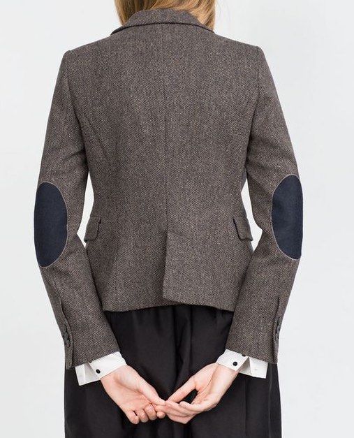 ZARA Basic Herringbone Wool Blazer with Blue Elbow Patches in Brown ...