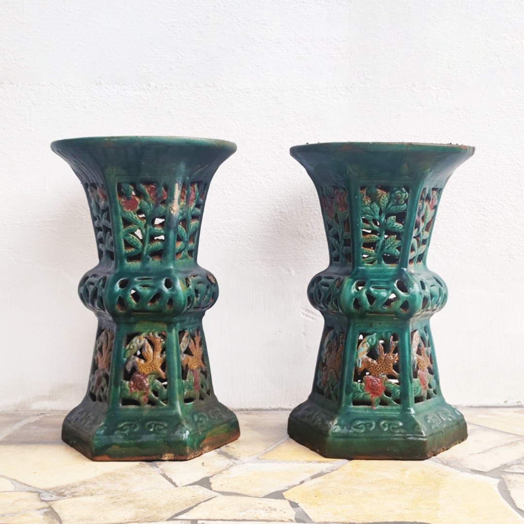 A Pair of China Shiwan Peranakan Nonya Bonsai Flower Pot Stand, Hobbies ...