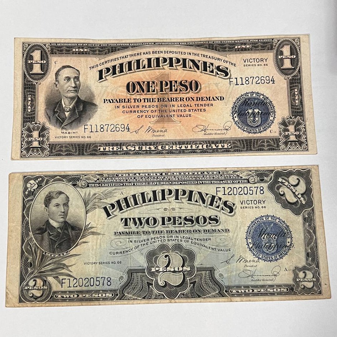 1 peso & 2 peso Set of 2 Victory Notes 1944 Money Old Collectible ...
