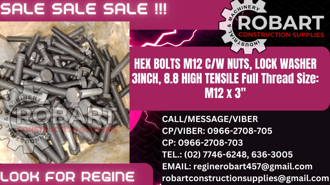 HEX BOLTS M12 C/W NUTS, LOCK WASHER 3INCH, 8.8 HIGH TENSILE Full Thread ...