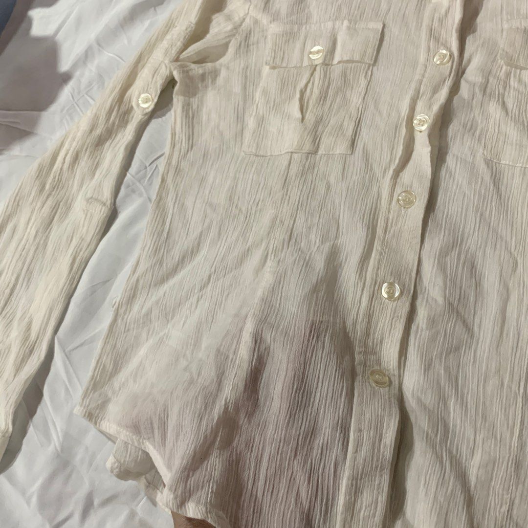 broken white see through button up shirt / crinkle wrinkled kemeja ...