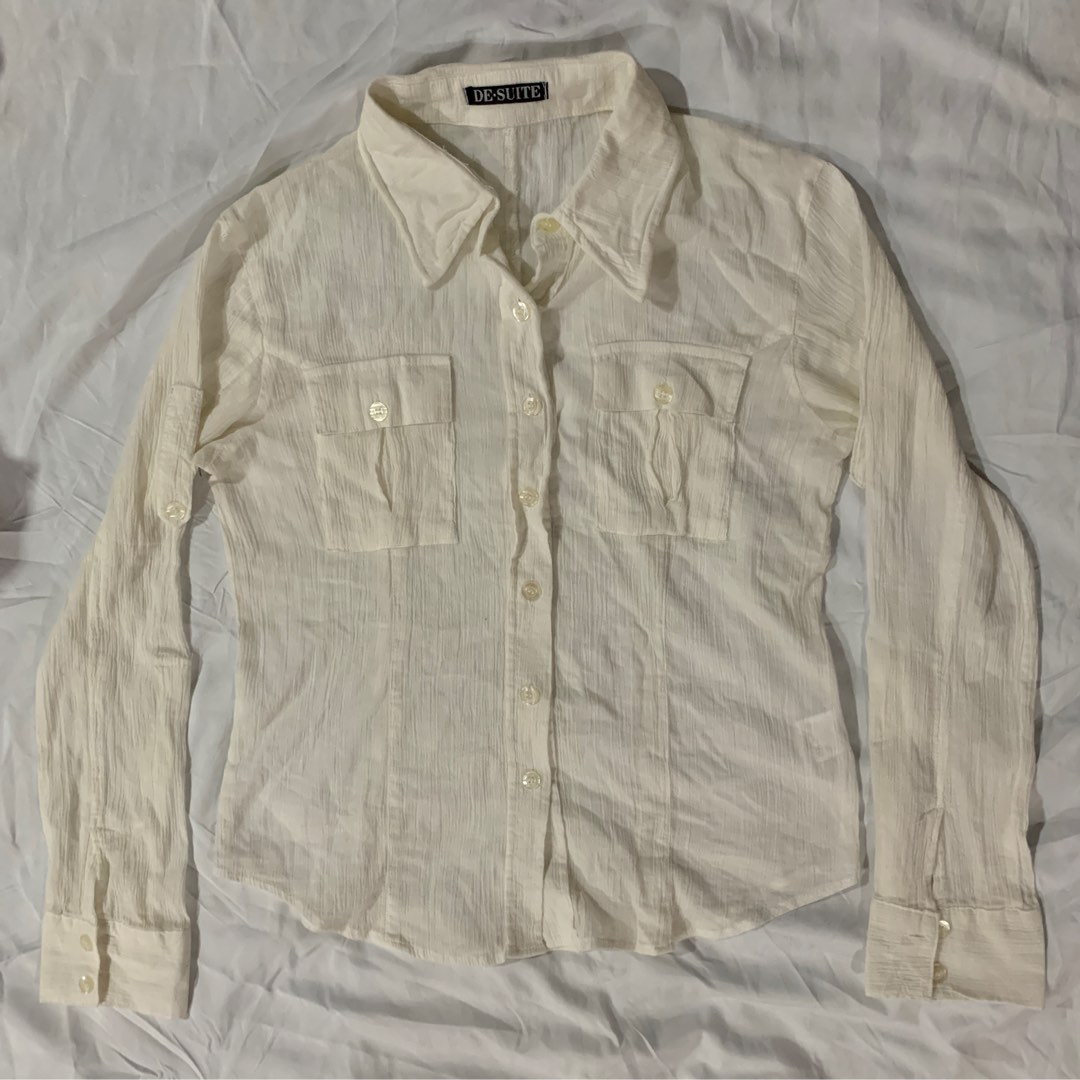 broken white see through button up shirt / crinkle wrinkled kemeja ...