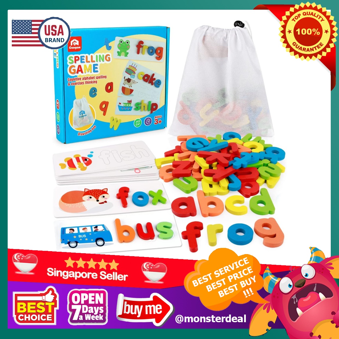 Coogam Read Spelling Learning Toy, Wooden Alphabet Flash Cards Matching ...