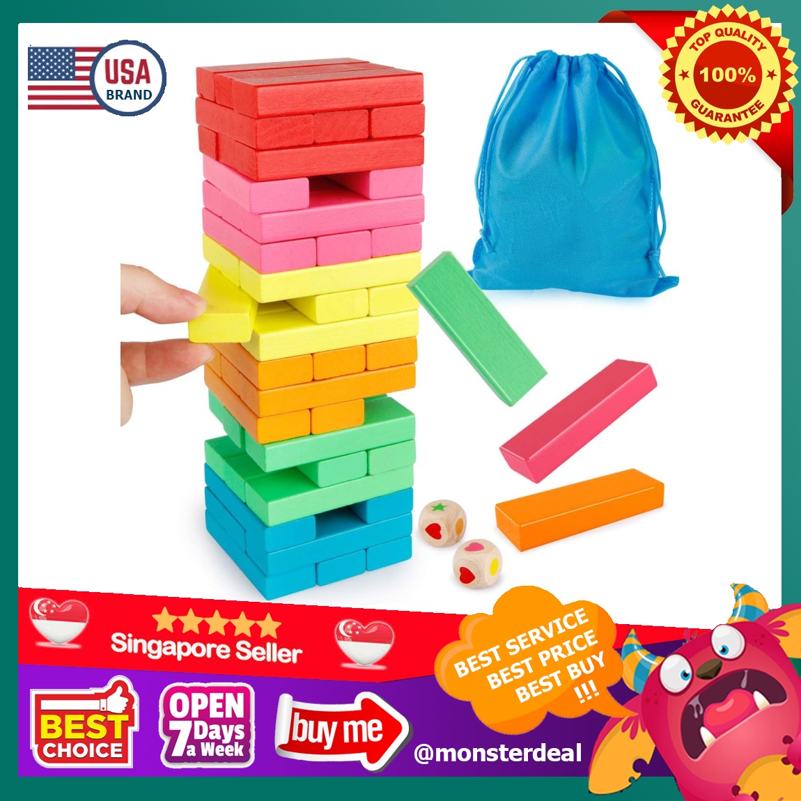 Coogam Wooden Blocks Stacking Game With Storage Bag, Colorful Toppling ...
