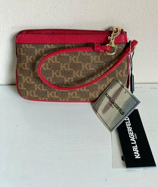 KARL LAGERFELD SIGNATURE LOGO CRIMSON RED LEATHER CORNER ZIP WRISTLET ...