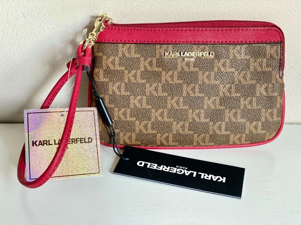 KARL LAGERFELD SIGNATURE LOGO CRIMSON RED LEATHER CORNER ZIP WRISTLET ...