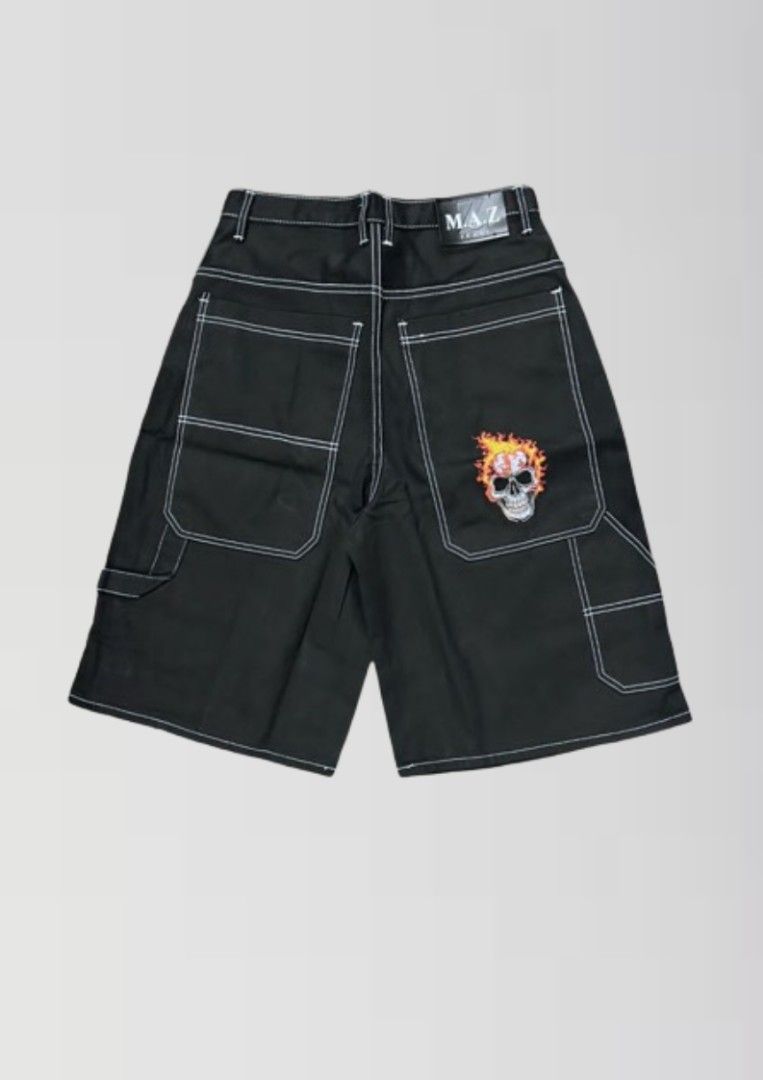 NEW WIDE BAGGY BIGPOCKET JORTS SKULL FLAME, Men's Fashion, Bottoms ...