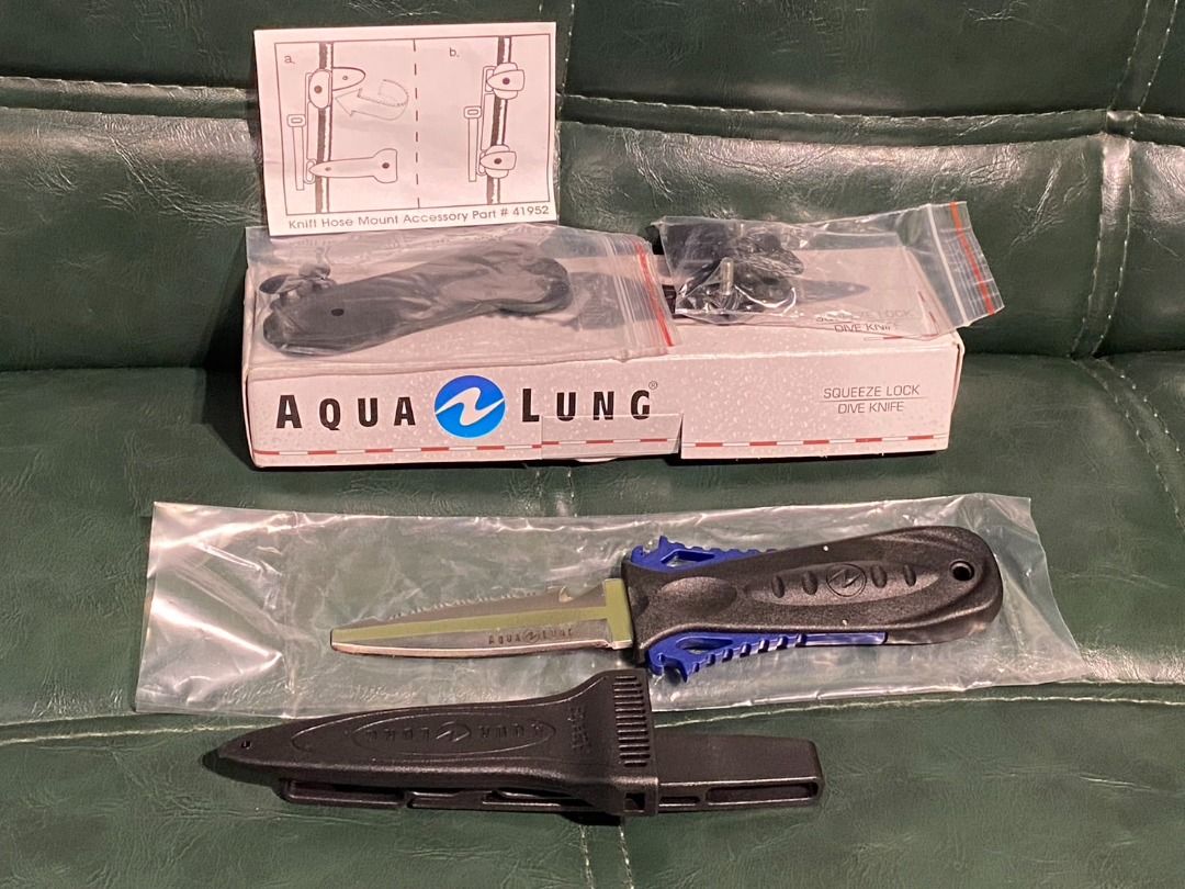 AQUA LUNG 潛水刀 Squeeze Lock Knife 藍 99%近全新 有盒 可裝中壓管 無面交, 體育器材, 其他運動配件在旋轉拍賣