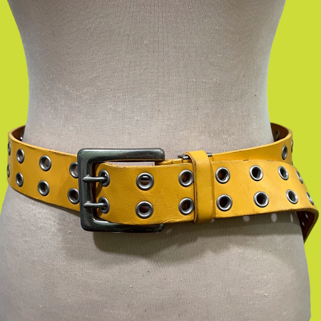 Double Prong Mustard Grommet Leather Belt, Women's Fashion, Watches ...