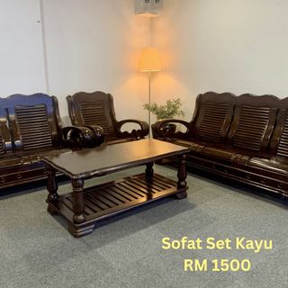 Set Sofa Kayu Jati ORIGINAL (3+1+1 Seater & Meja Berkaca) FREE Cushion ...