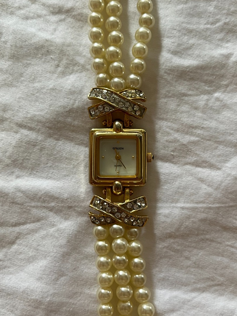 Beautiful Gold Tone Watch with Faux Pearl Bands and Bejeweled Cross ...