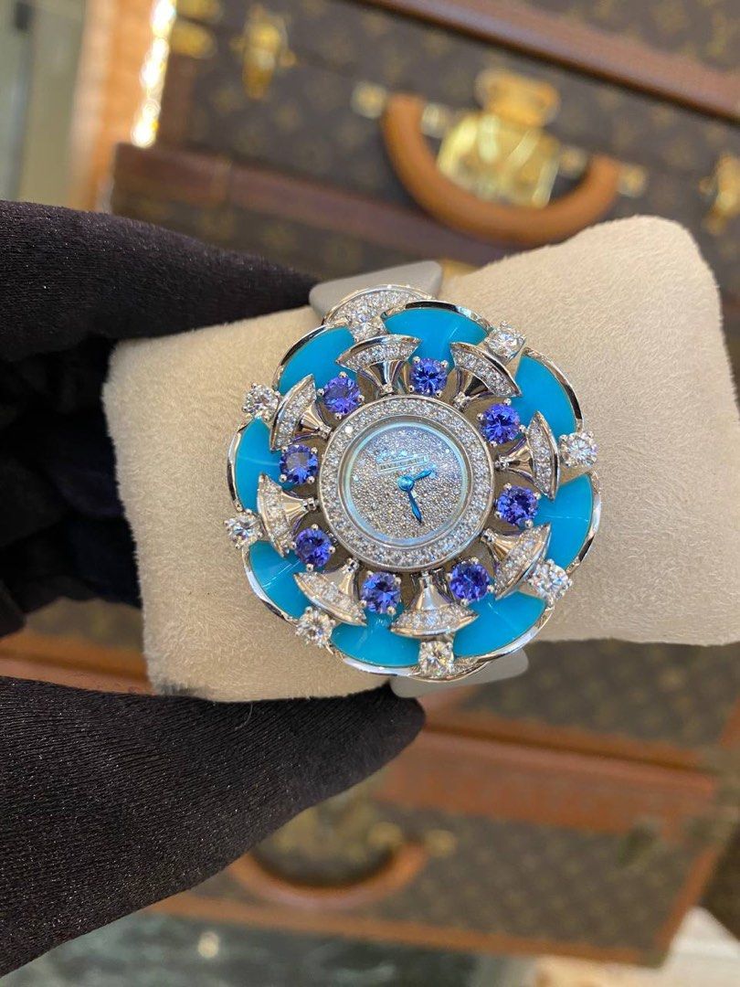 (BRAND NEW) 2023 BLVGARI DIVAS DREAM SAPPHIRE TURQUOISE DIAMOND DIAL 39MM QUARTZ FULL WHITE GOLD ...
