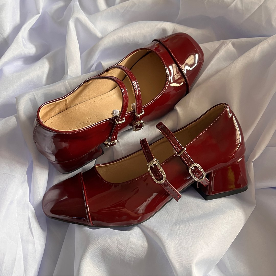 Cherry Red Mary Jane Shoes with Heels, Women's Fashion, Footwear, Heels ...