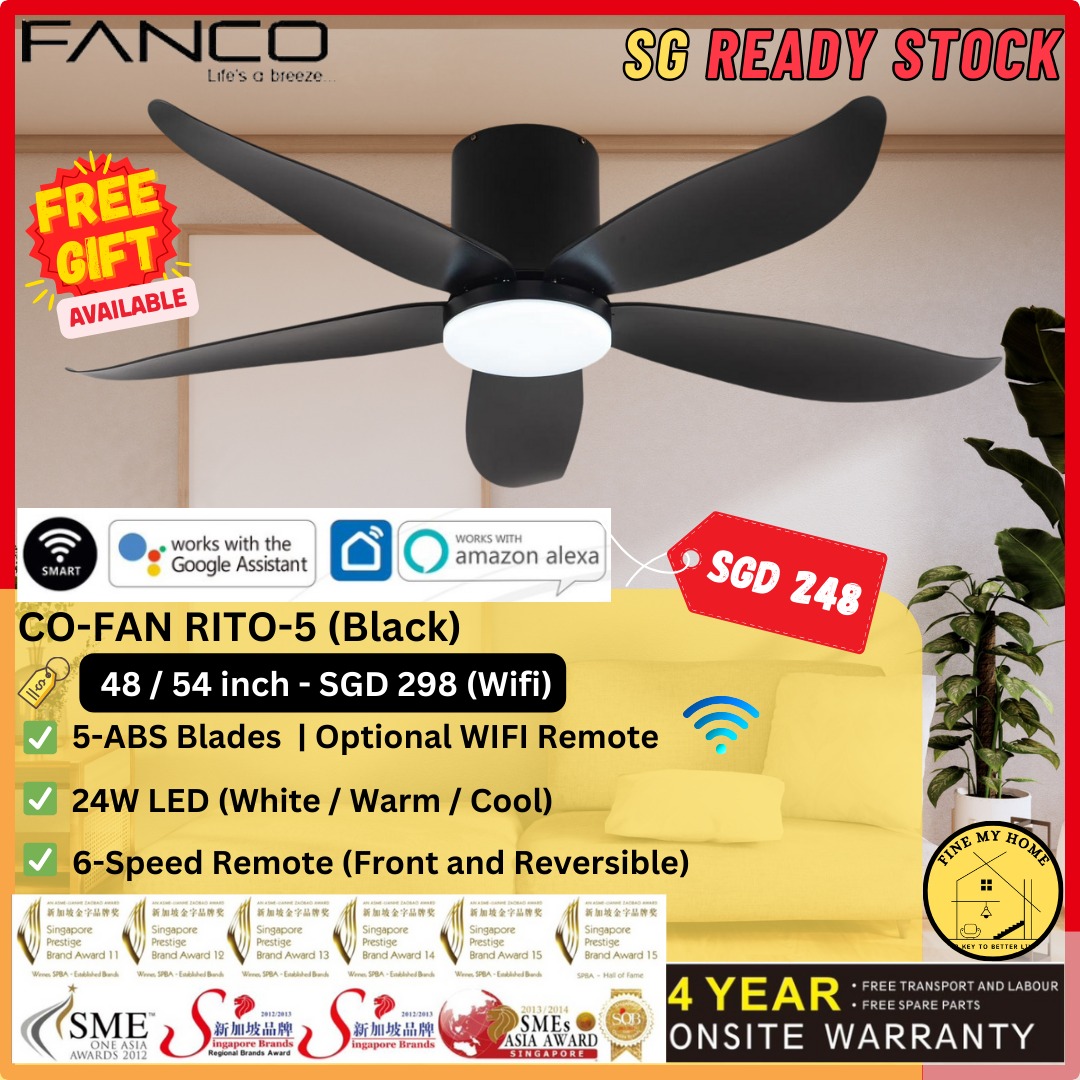Fanco RITO5 Ceiling Fan (48/54-Inch) / WiFi-Enabled / 24W LED / 6-Speed ...